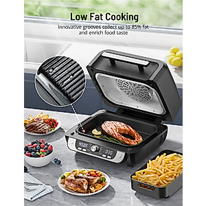 Indoor Grill and Air Fryer Combo, Paris Rhône Electric Indoor Grill Smokeless, 12-in-1 for Grill, Griddle, Slow Cook, Broil, Bake, Crisp, Roast, Dehydrate, Dual Heating Elements, Easy Knob Control