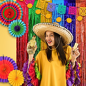 Mega-L Fiesta Party Decorations Foil Fringe Curtains,2 Pack Mexican 3.3x6.6ft Tinsel Streamers for Dia De Los Muertos Day of The Dead Decorations Backdrop,Cinco de Mayo Taco Party Photo Booth Props