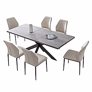 ZckyCine 6-8 People Modern Dining Table Rectangular Kitchen Space-Saving Expandable Metal Frame (Gray + 6 Beige Chairs)