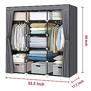 LOKEME 67 Inch Bundle with 55.5 Inch Portable Wardrobe Closet, Closet Oraganizr with 6 Hanging rods, Dust-Proof Cover, Non-Woven Fabric, Gray