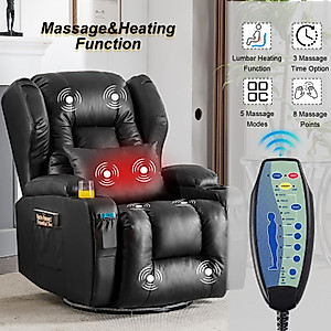 ETAGERIA Power Swivel Rocker Recliner Chair with Massage and Heat 360 Degree Glider Rocking Chairs Ergonomic Lounge Rocker w/Cup Holder/Remote/LED Light for Nursery,Living Room,Home Theater (Black)