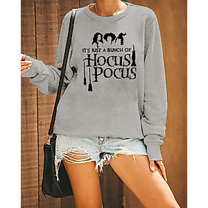 KIDDAD It's Just A Bunch of Hocus Pocus T-Shirt Women Halloween Sanderson Sisters Long Sleeve Crewneck Casual Pullover Tops Light Gray