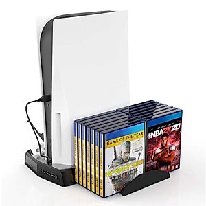 LULU MART PS5 Console with Dualsense Charging Station Cooling Fan Vertical Stand, Retractable Video Game Disc Storage for PS5 All in 1 Console Playstation 5 Console