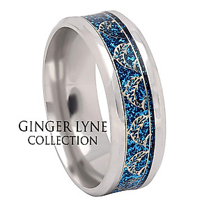 Ginger Lyne Collection Dolphins Stainless Steel Comfort Fit Wedding Band All Ocassion Ring Gold Color Inlay on Blue Background Ocean wave Beach Lovers Rings Men Women