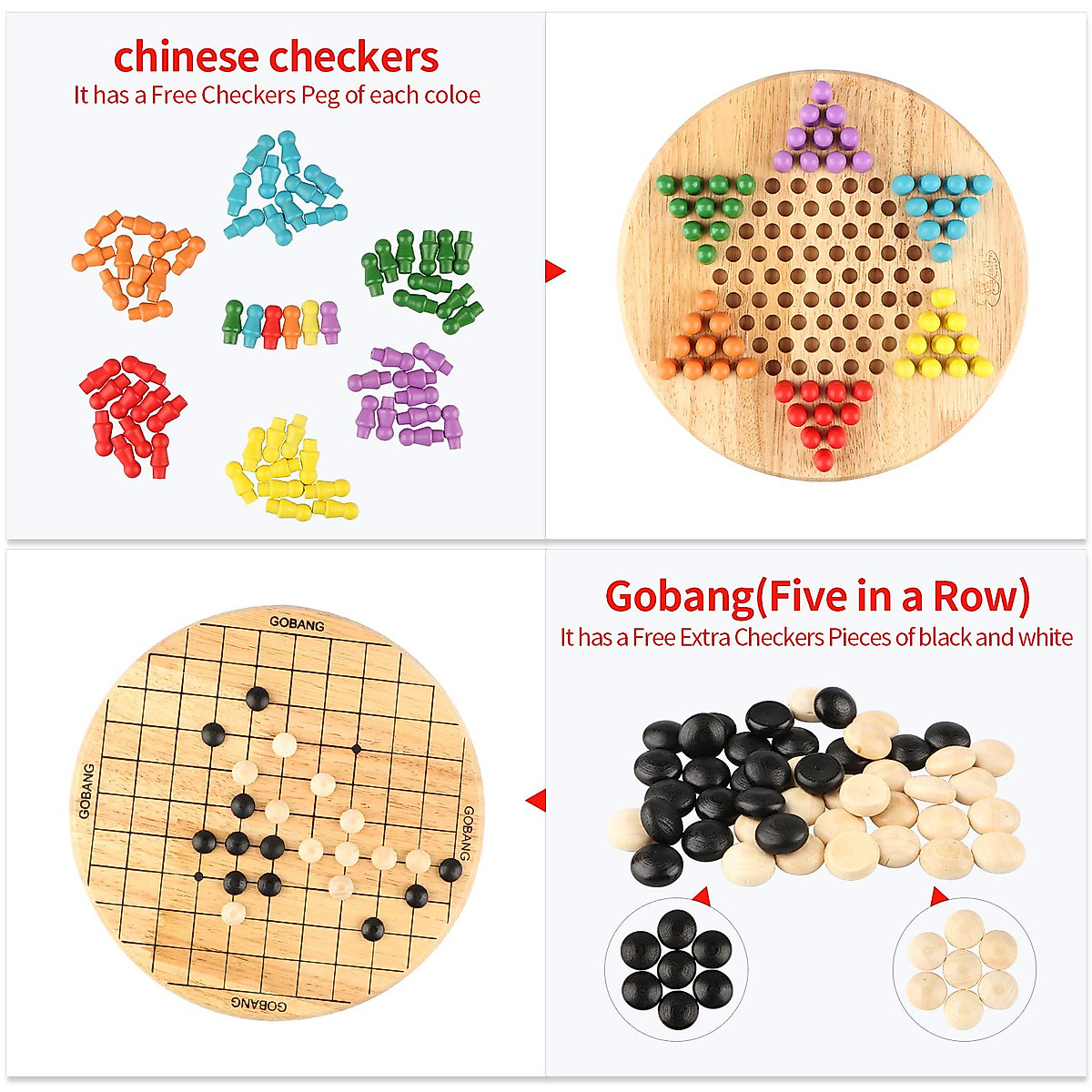 Wondertoys Wooden Chinese Checker Game for Kids 2 in 1 Chinese Checkers & Gobang (Five in a Row) Wooden Board Game Family Board Game Combo Set
