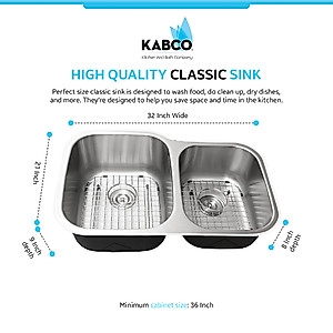 KABCO 32 Inch Big Double Unequal Bowl Stainless Steel Classic Kitchen Sink, Rust Resistant, Sound and Heat Proof 18 Gauge Undermount Sink with Sink Strainers, Sink Grids and rolling up grid