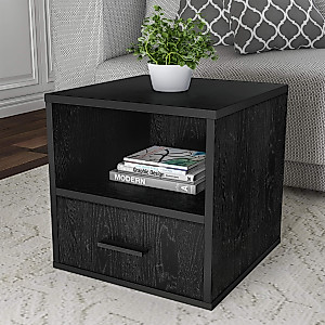 Lavish Home End Table - Stackable, Contemporary, and Minimalist Modular Cube Accent Table with Drawer - for Bedroom, Living Room, or Office (Black)