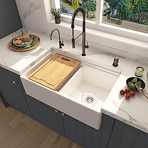 ALWEN 33 inch White Fireclay Farmhouse Sink, Double Bowl Workstation Apron Front Farm Kitchen Sink, Reversible Ceramic Porcelain Farmhouse Kitchen Sink with Ledge and Accessories