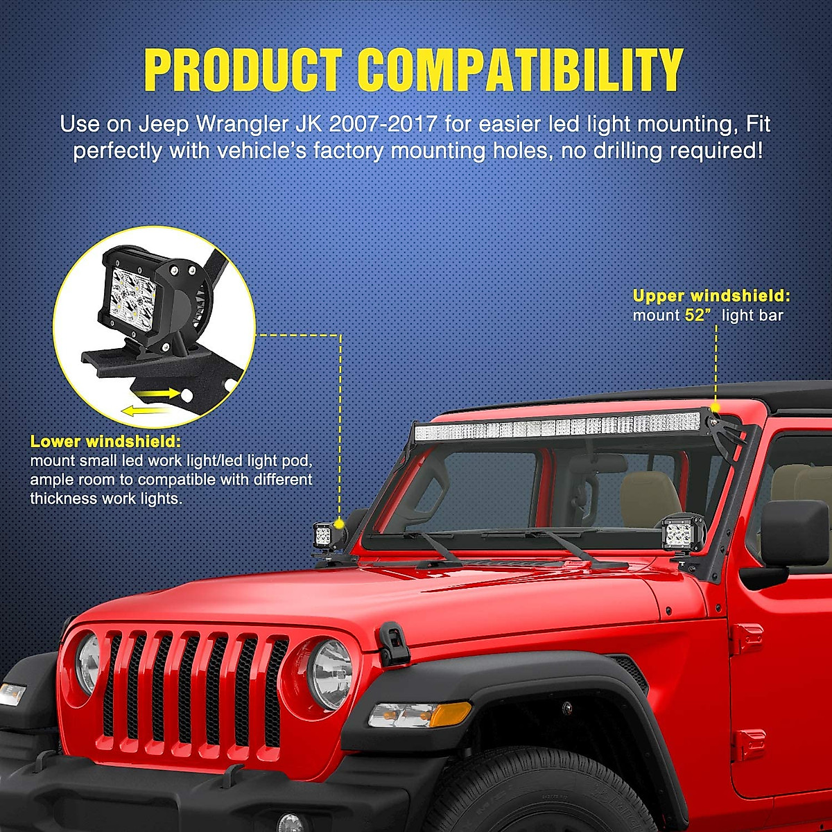Nilight Windshield Frame Mounting Bracket for 52” LED Light Bar and Pod Light on Wrangler JK 2007-2017, 2 Years Warranty