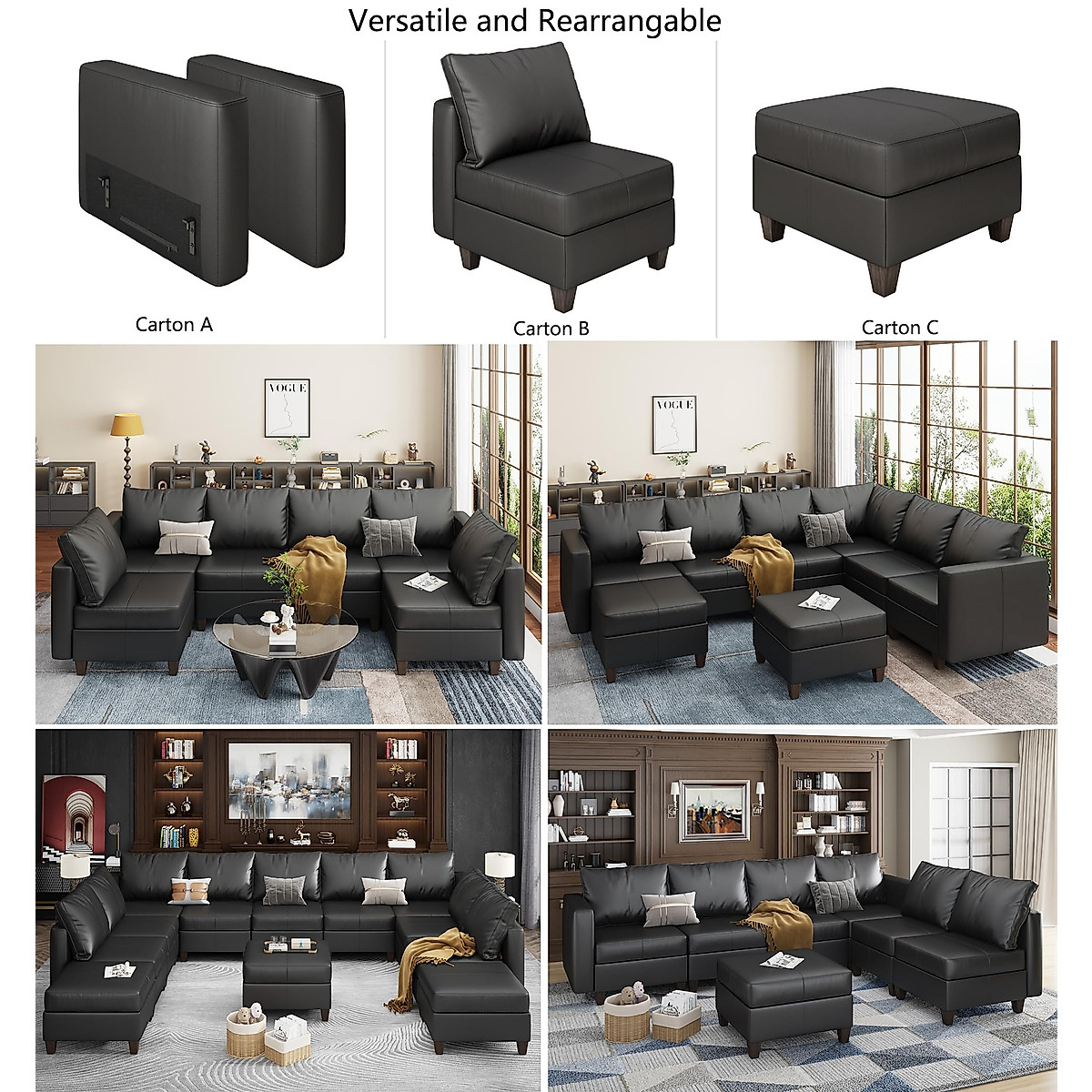 EASE MOOSE Convertible Modular Sofa Sectional Couch with Reversible Chaises,3 Seat Faux Leather Sectional Sofa Couch with Storage for Living Room Home Office