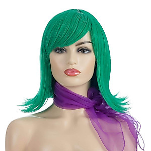 MORTICIA Short Straight Fillp out Green Bob holiday and vacations Costume Cosplay Wig with Purple Scarf