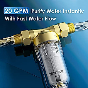 Waterdrop Spin Down Sediment Filter, Backwash Whole House Water Filter System for Well Water, 40-50 Micron, 1" MNPT + 3/4" FNPT + 3/4"MNPT, Traps Sand, BPA Free, WD-RPFK