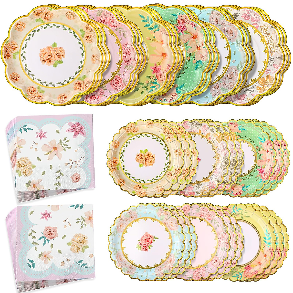 Skybooly 144 Pcs Tea Birthday Party Decorations Tableware for 48 Guests Tea Party Plates and Napkins Sets Disposable Tea Party Decor Dinnerware for Tea Party Bridal Baby Shower Wedding (Floral)