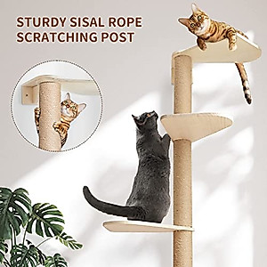 Wood Cat Tower Floor to Ceiling Adjustable, Cat Tree Tall Cat Scratching Post, Cat Wood Tree with 3-Tier Floor for Climb, Cat Climbing Tower Vertical with Natural Sisal Rope
