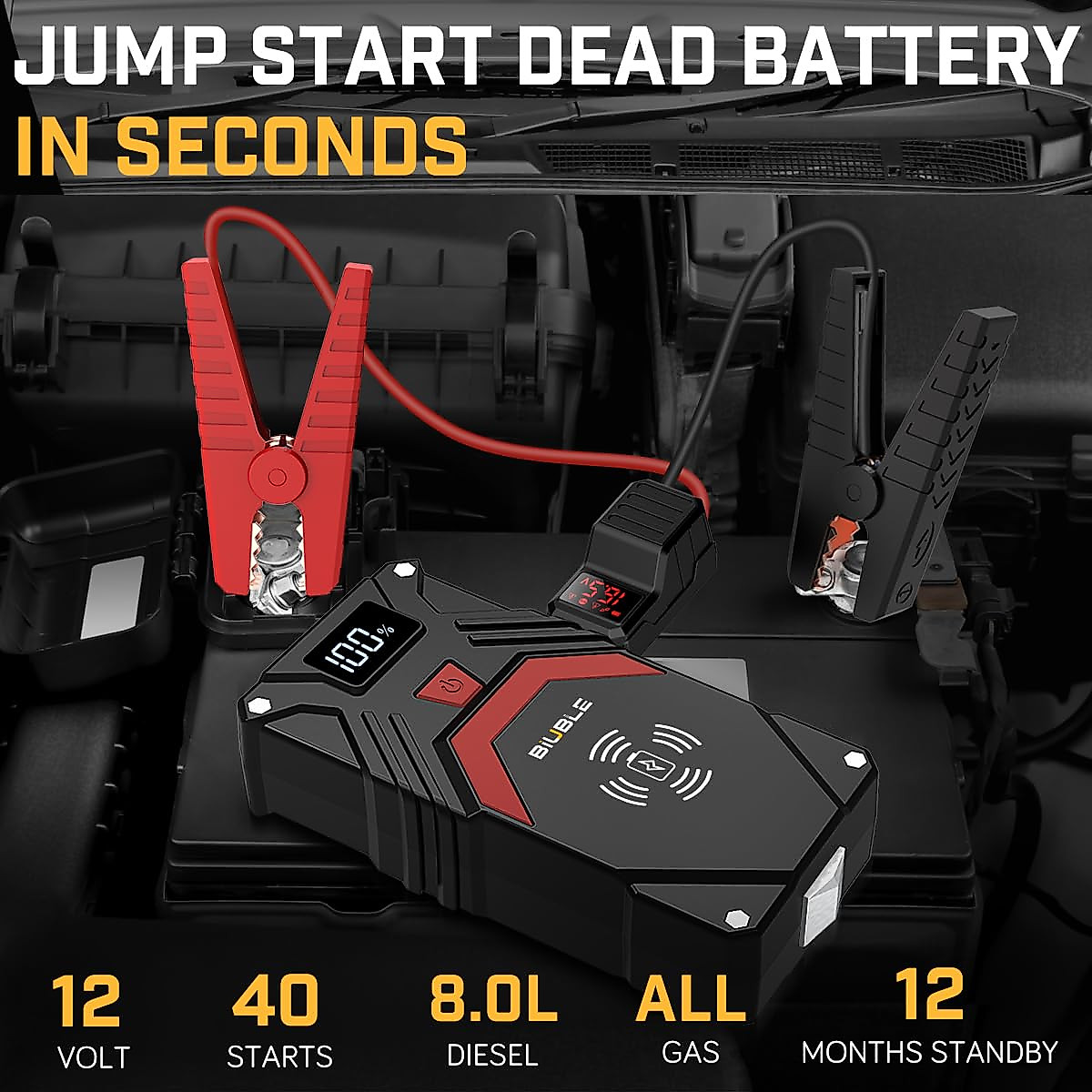 BIUBLE Car Jump Starter, 2500A Peak 12V Auto Booster Battery Pack Jump Box(Up to All Gas or 8.0L Diesel Engine, 50 Times) Jump Starter with 10W Wireless Charger Smart Jump Cables