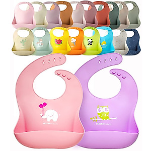 YMCF Products 2-Pack Waterproof Silicone Baby Bib Lightweight Comfortable Easy-Wipe Clean (Purple/Light Pink, Large)