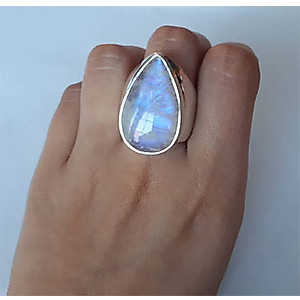 Koguxuix 925 Sterling Silver Perfect Pear Cut Moonstone Teardrop Gemstone Wedding Ring Band Size 6-10 (8)