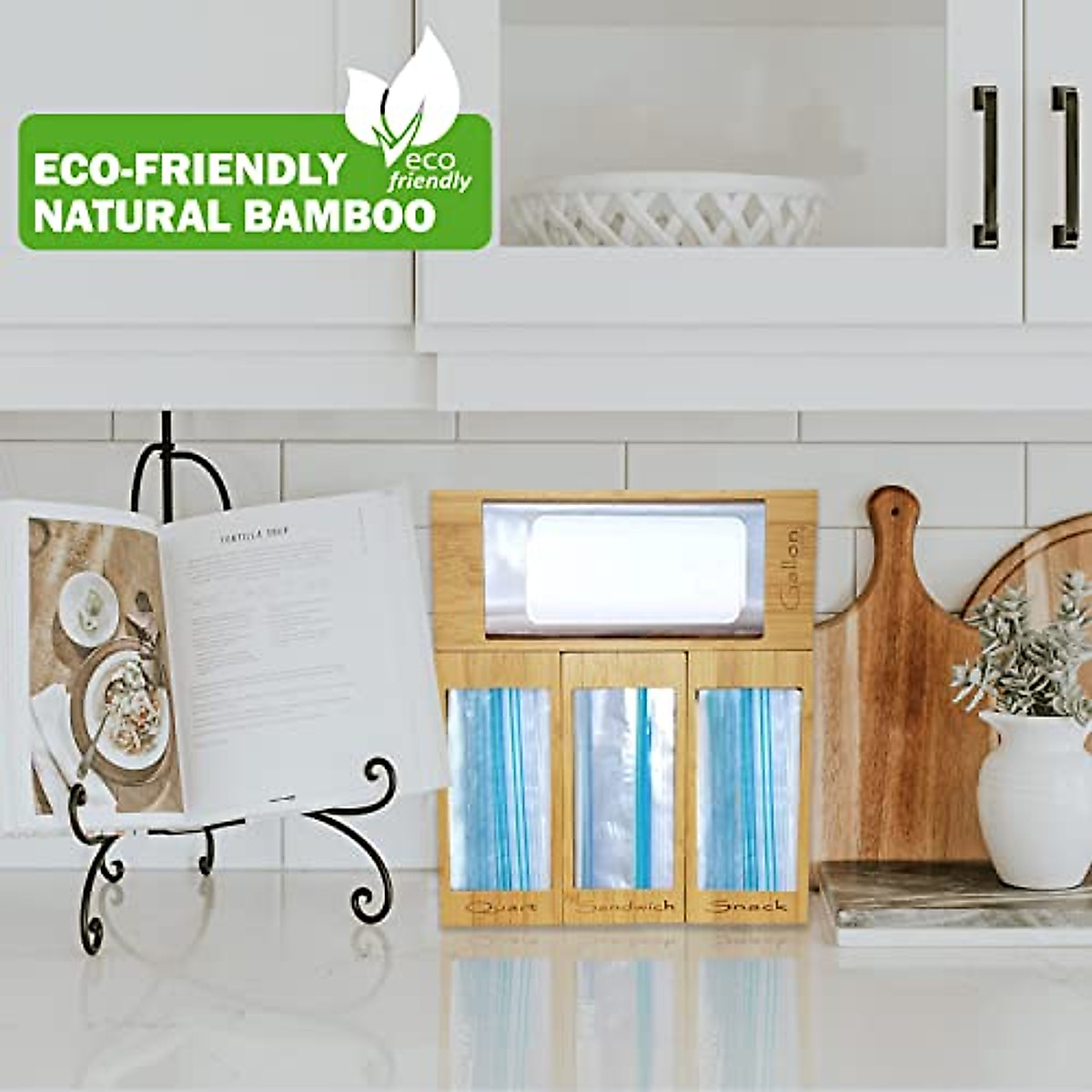 GreenSpace Bamboo Food Storage Bag Organizer (4 box set) for Kitchen Counter, Drawer, or Wall Mounted - Compatible With Gallon, Quart, Sandwich & Snack Bags