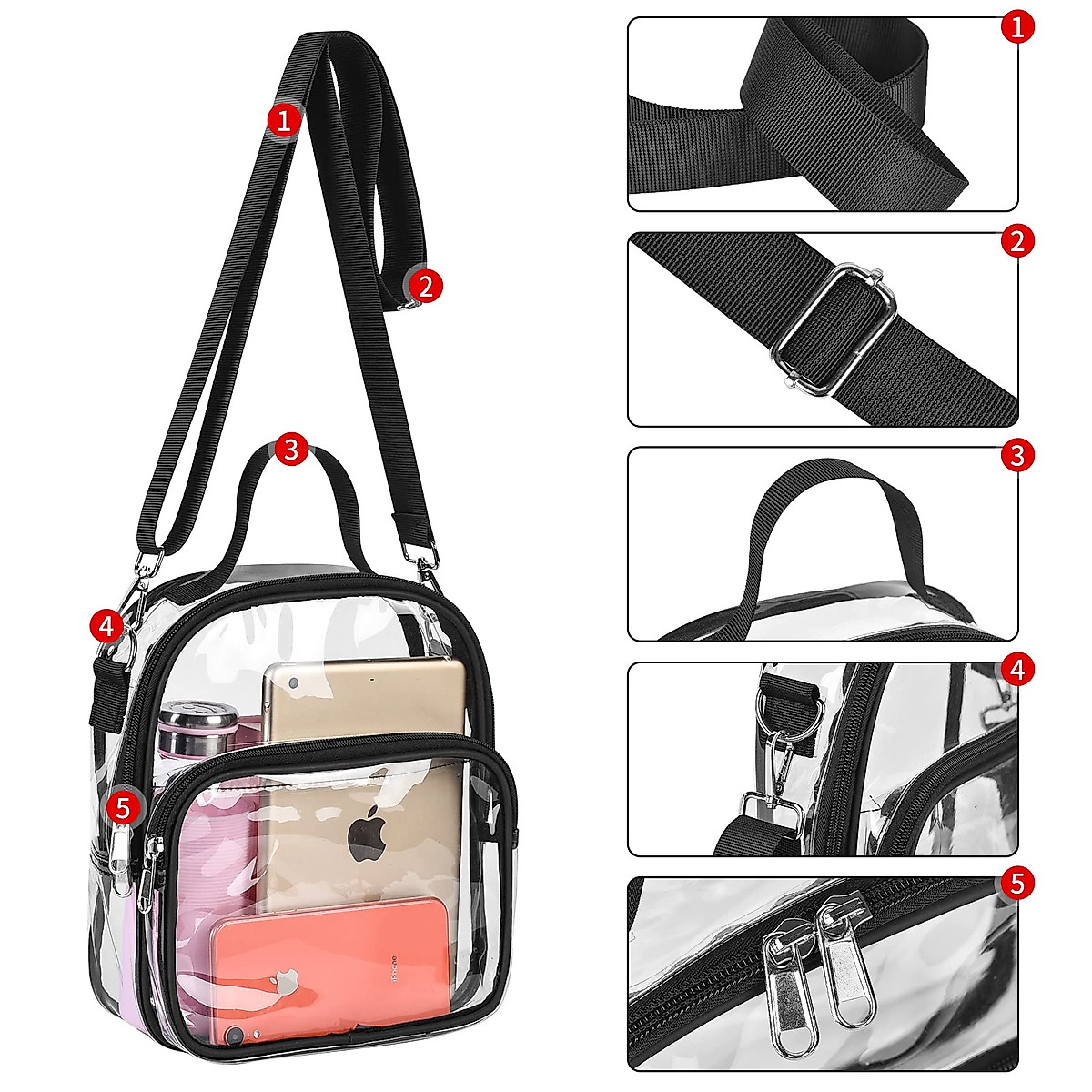 Clear Crossbody Purse Bag Stadium Approved Clear Tote Bag with Strap for Concert Sports Work Gym Games (Black)