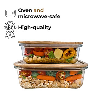 JS Gourmet 2 Pcs Glass Food Storage Containers with Bamboo Cutting Board and Airtight Lid, Ideal for Preparing and Storing Meals, Food, Fruits, Salad and more Ingredients (35oz and 51oz)