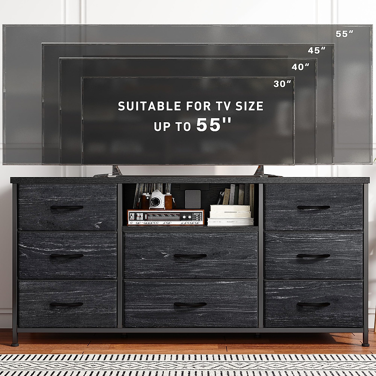 EnHomee Black Dresser with Power Outlets, 8 Drawers Dresser TV Stand for 55''TV for Bedroom Dresser Fabric Dressers & Chest of Drawers, Sturdy Dresser for Closet Living Room,Hallway