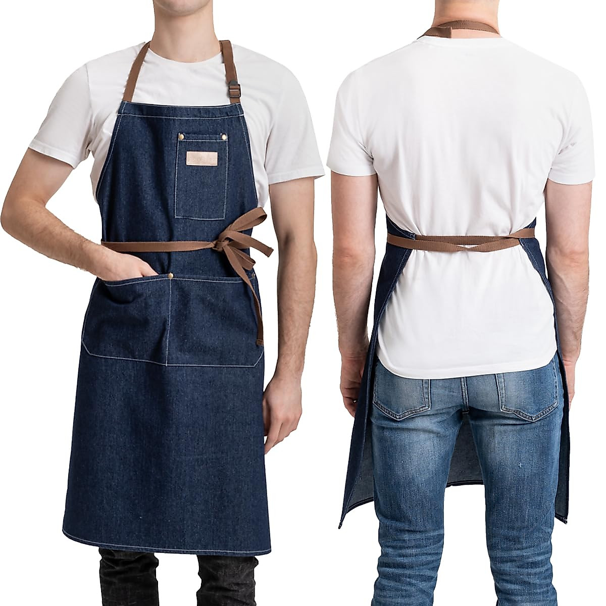 ROTANET Denim Work Apron with 3 Pockets Jean Shop Aprons for Chef Hairstylist Kitchen Woodworking for Men Women Blue