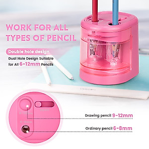 Eagle Electric Pencil Sharpener, Battery or USB Operated, Dual Holes, Dual Blades, fit for Pencils of Size 6-8mm and 9-12mm (Pink)
