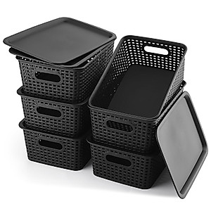 AREYZIN Storage Bins Plastic Storage Baskets With Lid Small Baskets for Organizing Stackable Storage Container Organizer Bins for Shelves Drawers Desktop Playroom Classroom Office, 6 Pack,Black