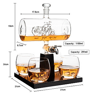 Motorcycle Decanter Whiskey & Wine Decanter Set 1100ml by The Wine Savant with 4 Whiskey Glasses, Motorcycle Gifts, Harley Davidson Motorbike Gifts, Drink Dispenser for Wine, Scotch, Bourbon 19"H 8"W