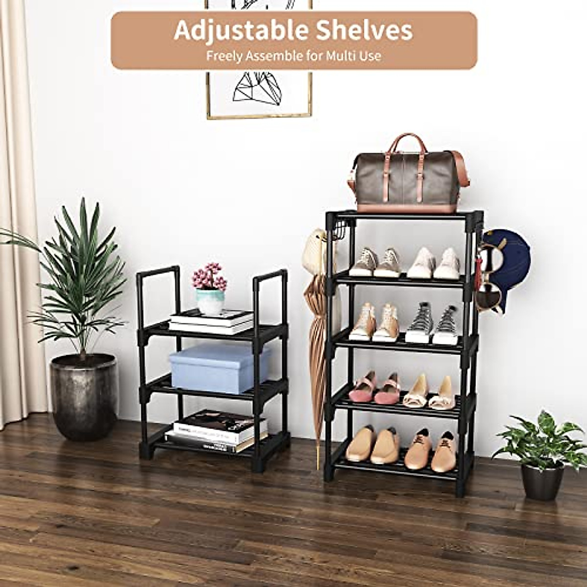 ROJASOP Shoe Rack Organizer for Closet Entryway, 20 Pairs 5-Tier Stackable Shoe Rack Storage Shelf for Hallway Bedroom Garage Dorm Free Standing Shoe Racks with Side Hooks Space Saving Shoe Rack