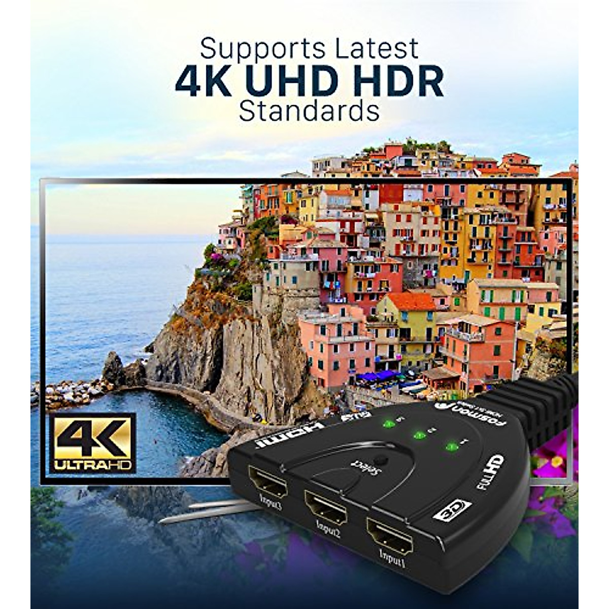Fosmon 3-Port 4K, 3x1 Switcher (Automatic Switching) Support Ultra 3D HDR Full HD 1080P HDCP, HDMI Splitter Hub Compatible with Apple Roku Fire TV Stick HDTV PS4 Xbox One Chromecast