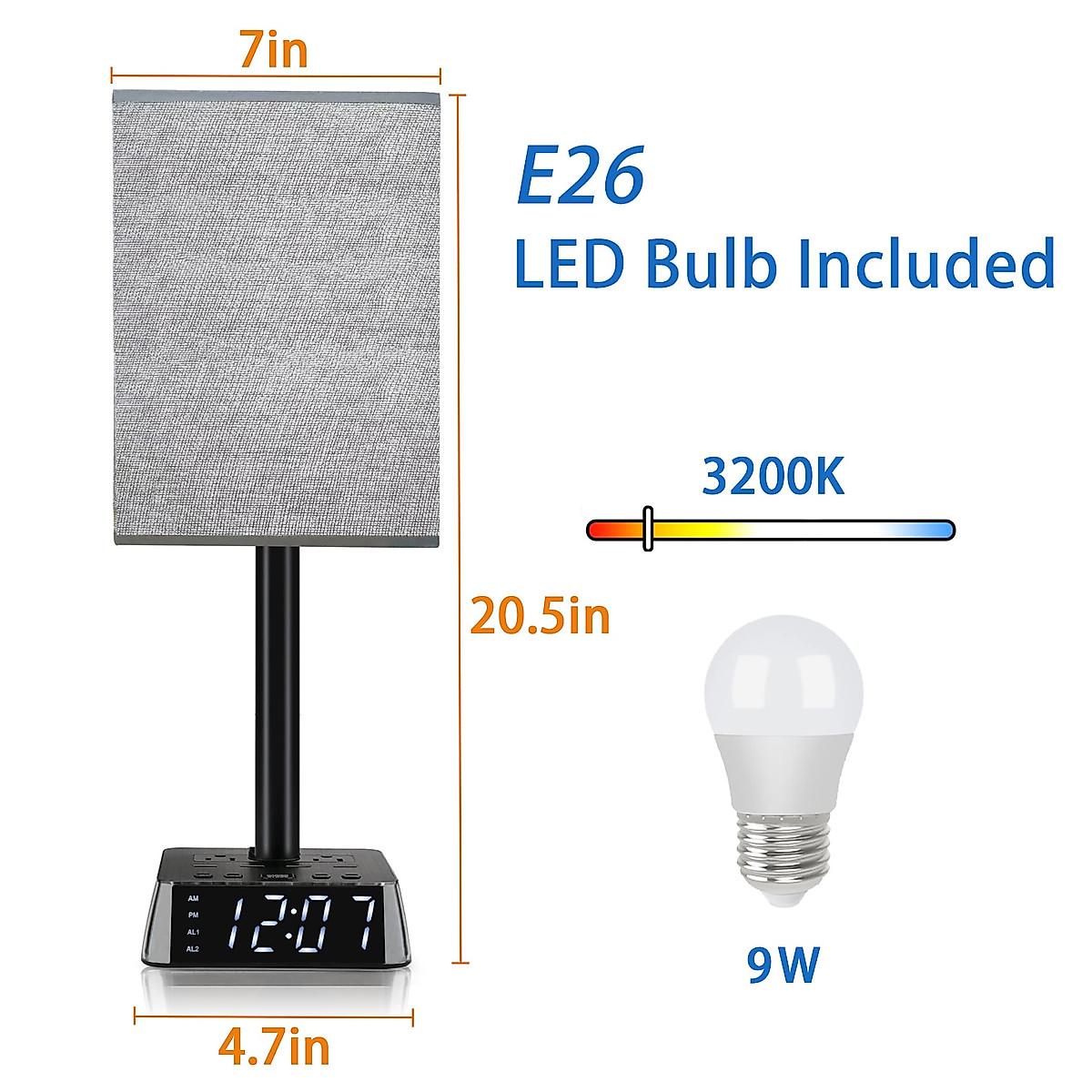 Table Lamp for Bedroom Nightstand - Bedside Lamp with Usb Charging Ports and Outlets,Touch Lamp with Clock, Modern Night Stand Lamps with Square Fabric Lampshade for Living Room(LED Bulb Included)