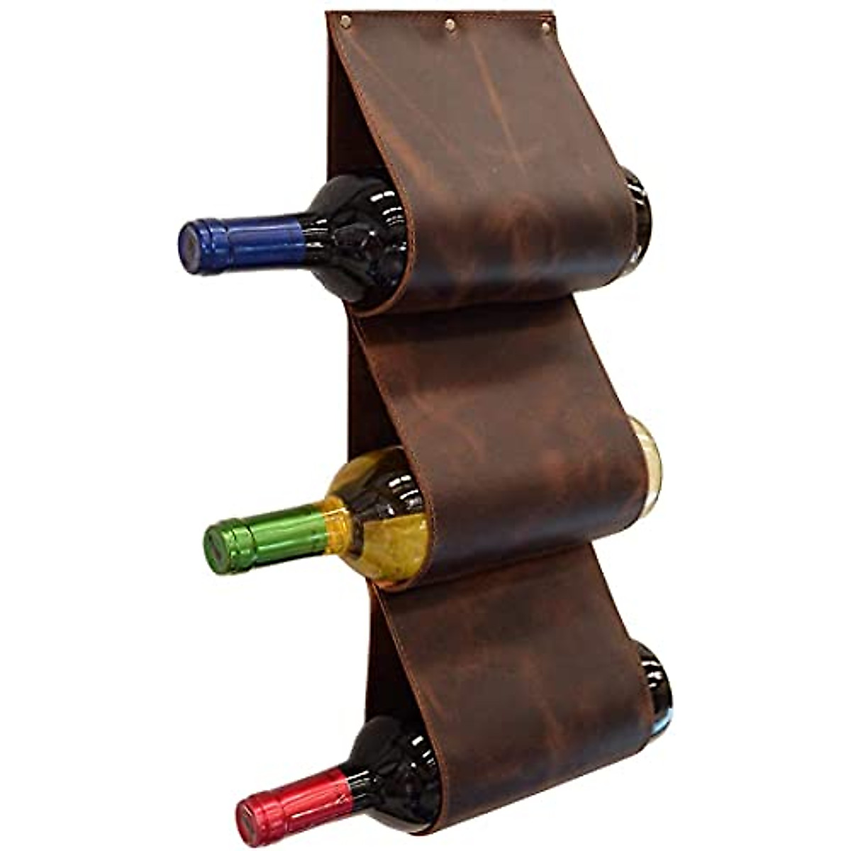 3 Bottle Wall Mounted Wine Rack. Space Saving Wine Rack, Leather Wall Wine Rack for Unique Wine Gifts for Wine Lovers. Wine Bottle Holder Doubles up as Leather Magazine Rack…