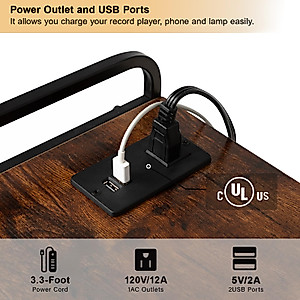 Hadulcet 3 Tier End Table, Record Player Stand with USB Ports and Outlets, Turntable Stand for Vinyl Storage with 3 Dividers, Industrial Side Table for Living Room Bedroom, Rustic Brown