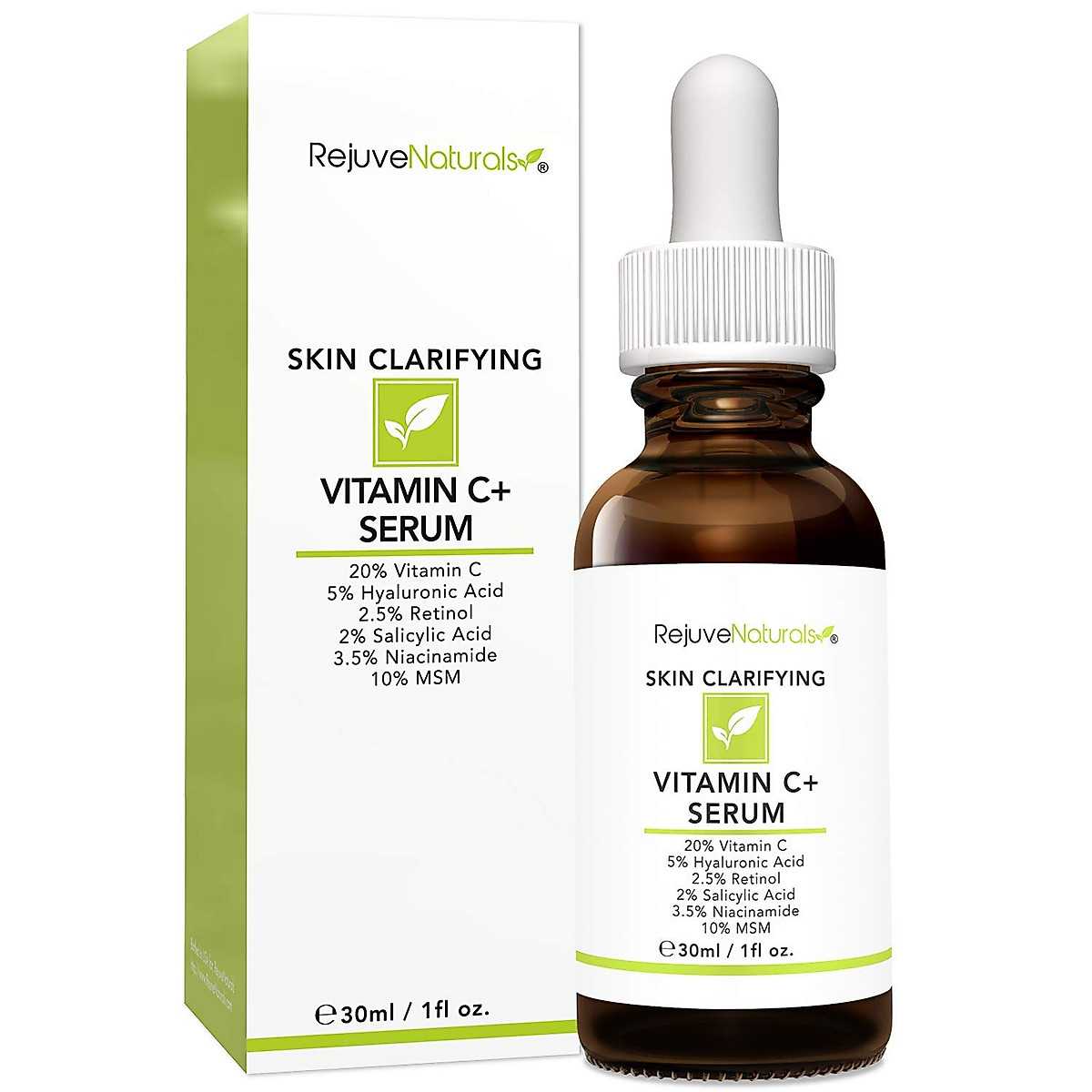 Vitamin C Serum Plus 5% Hyaluronic Acid, 2.5% Retinol, 2% Salicylic Acid, 3.5% Niacinamide, 10% MSM, 20% Vitamin C - Anti Aging Anti Wrinkle Skin Clearing Serum Organic Skin Care for Face and Eyes 1oz