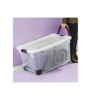 Generic 2PCS 40 Gallon Industrial Tote Plastic Storage Bins Wheeled Large Storage Box Set, Clear And Purple