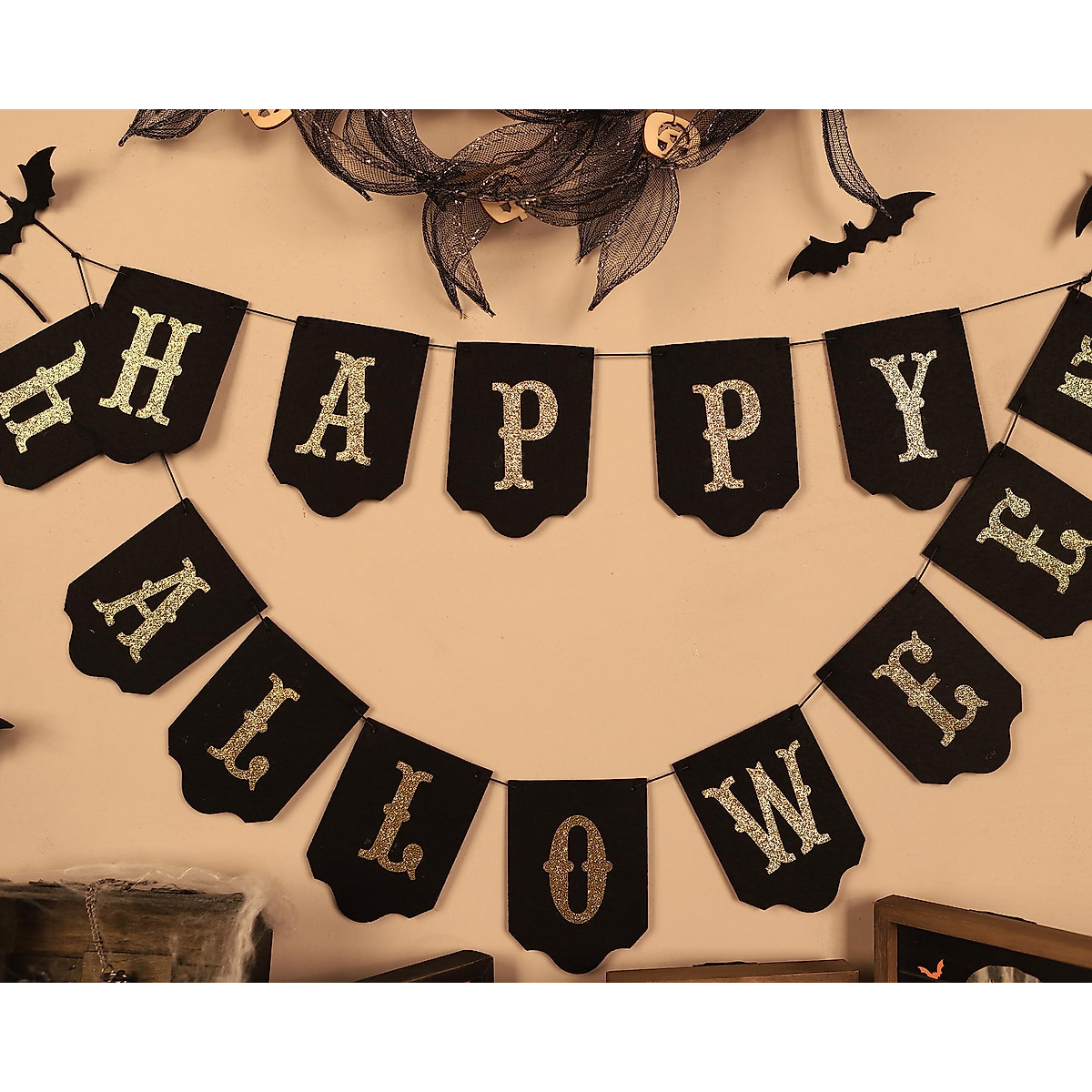 DN DECONATION Halloween Decorations Indoor Set, 24PCS Happy Halloween Banner Bundle, Halloween Garland Fireplace Mantel Decoration for Wall, Scary 3D Bat Spider Web for Spooky Party Home Office Decor