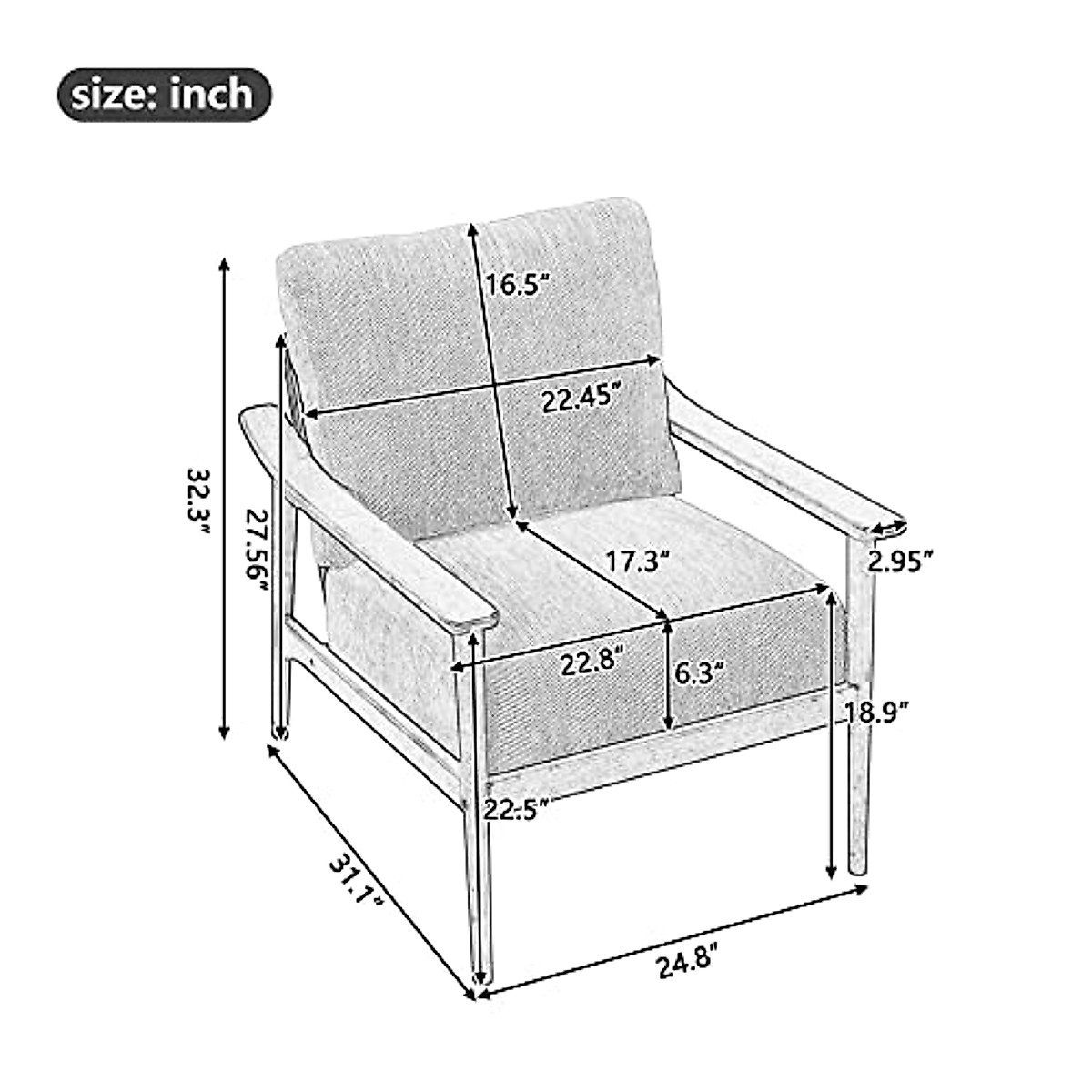 FIQHOME Mid Century Modern Solid Wood Frame,Arm Vertical Slatted Back,Thick Pad Upholstered Accent Chair for Living Room, Bedroom, Belcony,Natural