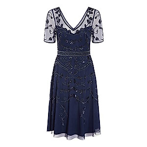 Adrianna Papell Women's Beaded MIDI Dress, Light Navy, 6