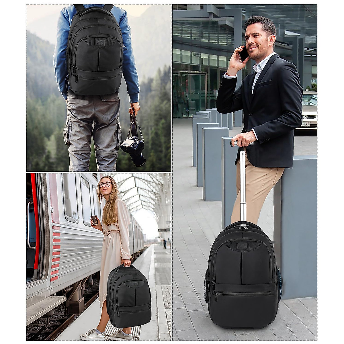 Rolling Backpack,Water Resistant Wheeled Travel Backpack,Laptop Backpack for Women Men,Carry on Luggage Backpack Fit 15.6 inch Notebook,Trolley Suitcase Business Bag College Student Computer Bag,Black