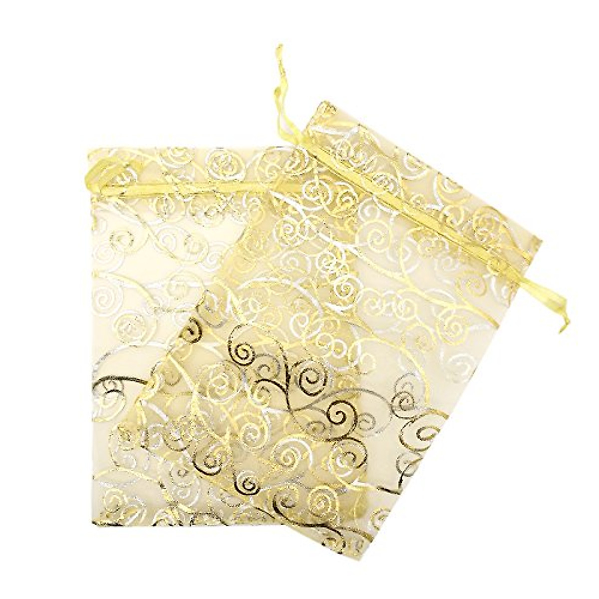 SUNGULF 100pcs Organza Pouch Bag Drawstring 5x7 13x18cm Strong Gift Candy Bag Jewelry Party Wedding Favor (Gold Flower Vine Print)