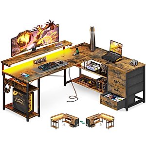 AODK 61" L Shaped Desk with Drawer, Computer Desk with Power Outlets & LED Lights, Reversible Corner Gaming Desk for Home Office Workstation, Office Desk with Monitor Shelf, Vintage