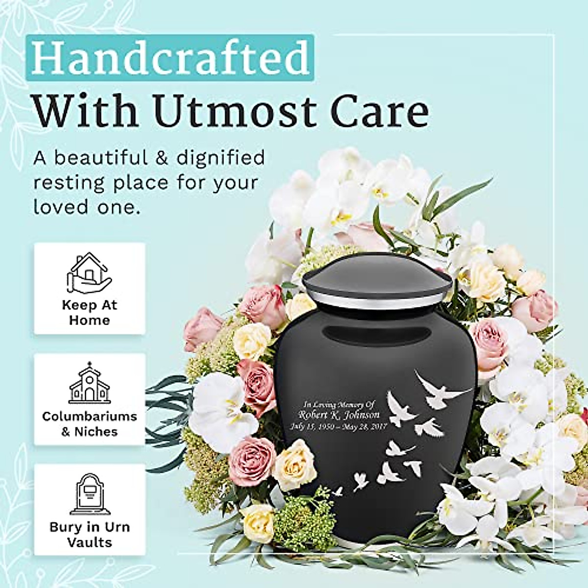 GetUrns - Embrace Doves Urns for Human Ashes, Cremation Urns for Adult Ashes Men & Women, Cremation Urn for Home, Vault, or Niche, 200 cu. in., Custom Single Engraving, Charcoal