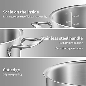 9 Quart Stainless Steel Stock Pot with Glass Lid, Induction Soup Cooking Pot with Pour Spout, Scale Engraved Inside, Compatible with All Heat Sources, Dishwasher Oven Safe