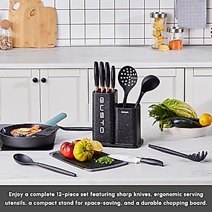 Karaca Gusto Knife and Chopping Board Set, 12 Pcs, Stainless Steel 5 Knives with Black Handles and 5 Pcs Kitchen Utensils with Special Stand including Cutting Board