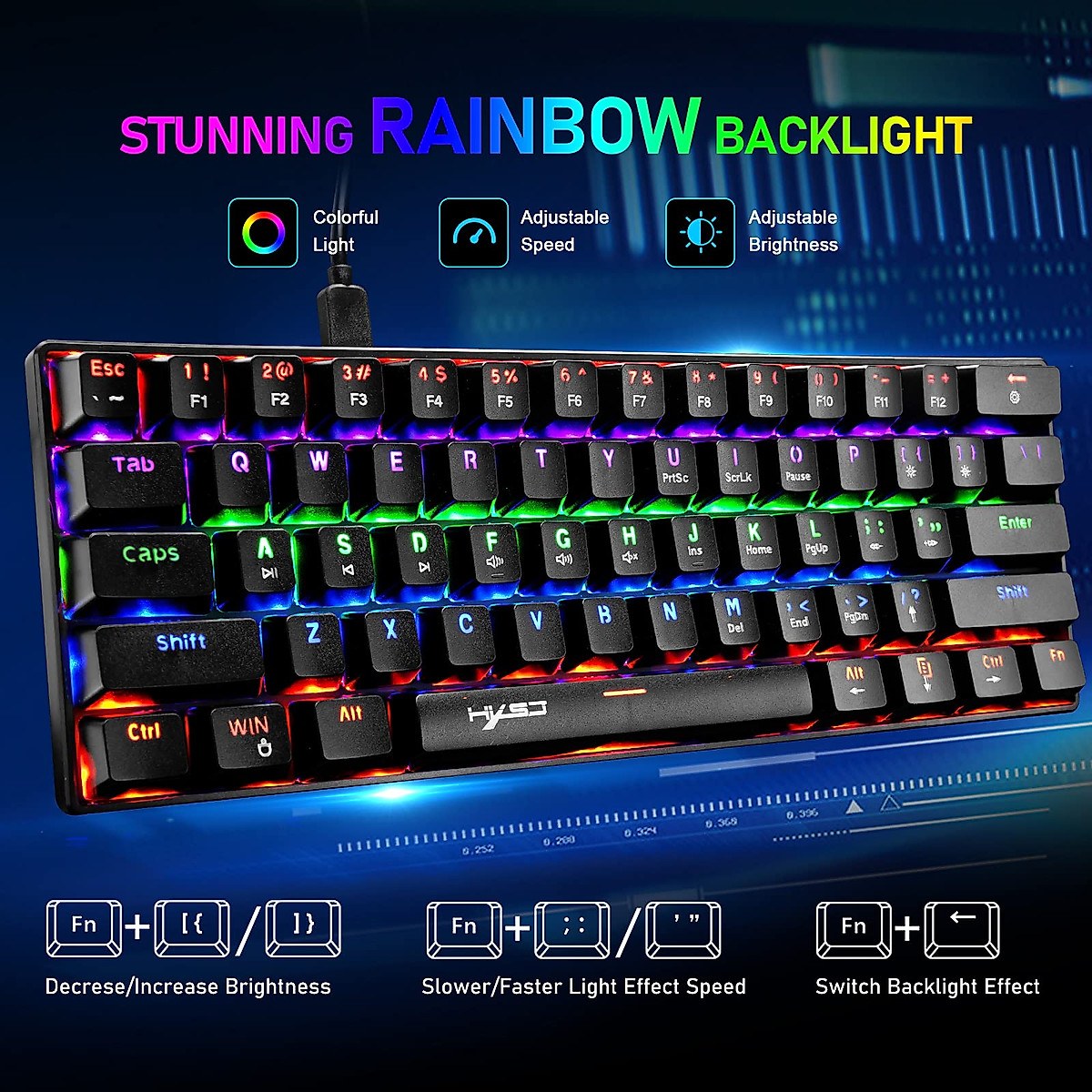 Compact Mechanical Gaming Keyboard Mini Portable with Ergonomic 61 Key Layout Multi Rainbow LED Backlight Anti-ghosting Waterproof Type-C USB Wired for PC MAC Gamer Computer Typist(Black/Blue Switch)