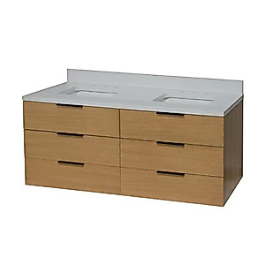 Kitchen Bath Collection Oslo 60-inch Floating Wall-Mounted Double Bathroom Vanity: Includes Blonde Wood Cabinet with Matte White Countertop and White Ceramic Sink