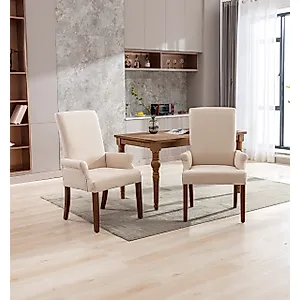 Restworld Dining Room Chairs with Arms,Tufted Upholstered High Back Nailed Trim with Untique Oak Wood Legs for Kitchen Restaurant Room Bedroom (Ivory, SingleA)