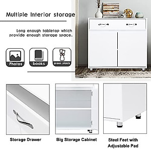 Henf White Storage Cabinet with Two Doors and 1 Big Storage Drawer Side Table Kitchen Storage Sideboard 2 Tire Pantry Cabinet for Living Room Bathroom Laundry Room Furniture