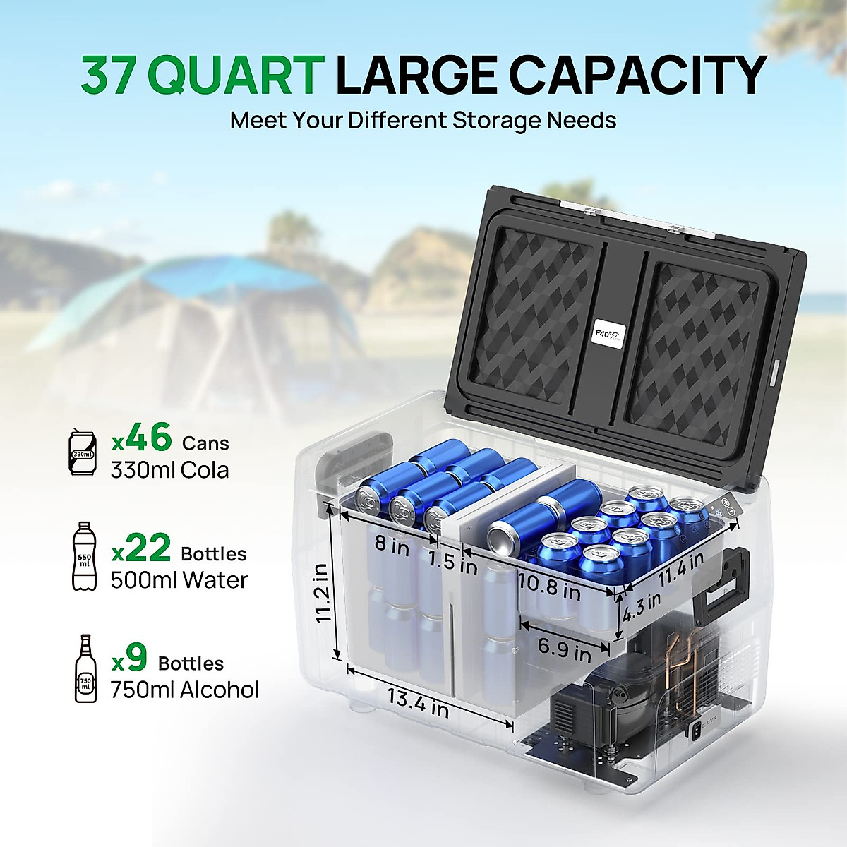 F40C4TMP 12 Volt Portable Refrigerator, 37 Quart Dual Zone Car Freezer With Independent Temperature Control, -4℉ to 50℉, 35L Compressor Fridge For Camping, Travel, Road Trip, Vehicle, Car, Truck, Van, RV, Outdoor and Home, 12V/24V DC & 110V AC